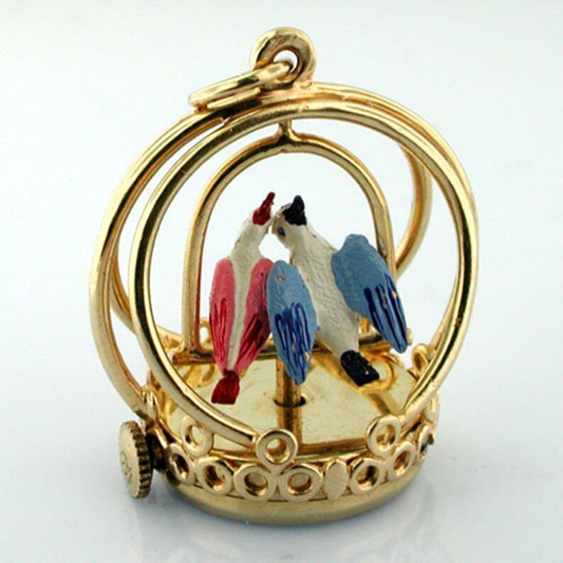 Vintage 14K Gold Spinning Love Birds Dankner Living Charm Mechanical ...