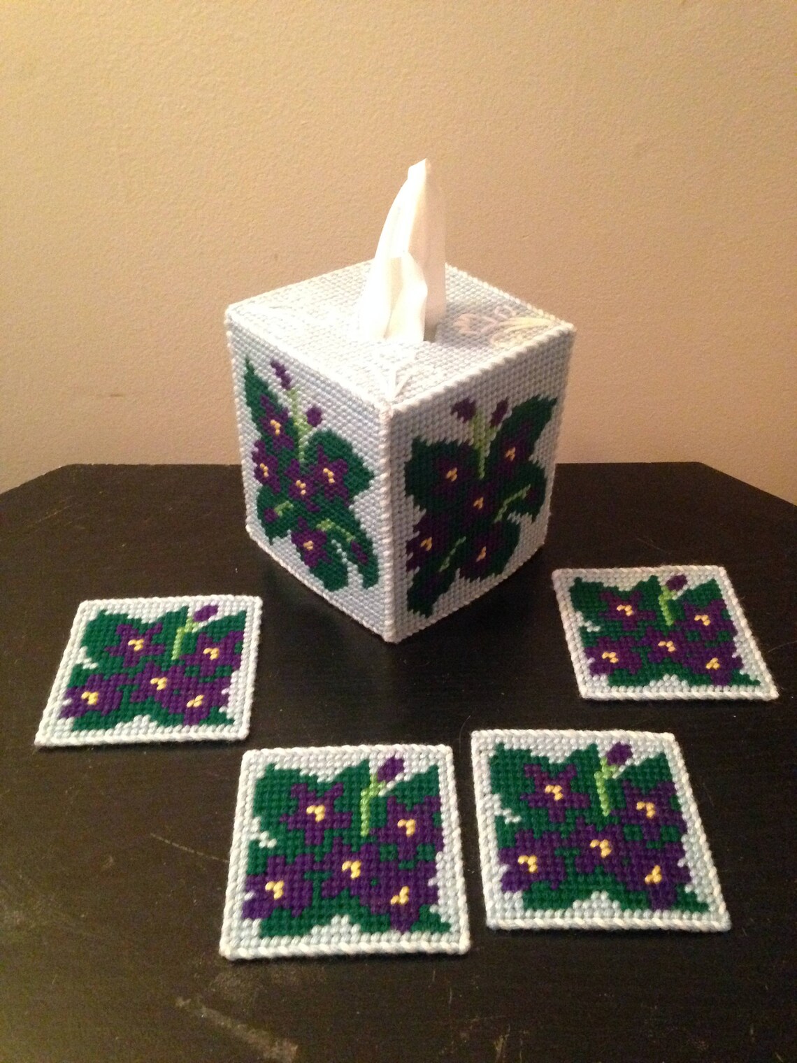 Plastic Canvas Tissue Box Cover Violets Flower, Make a Great Kitchen ...