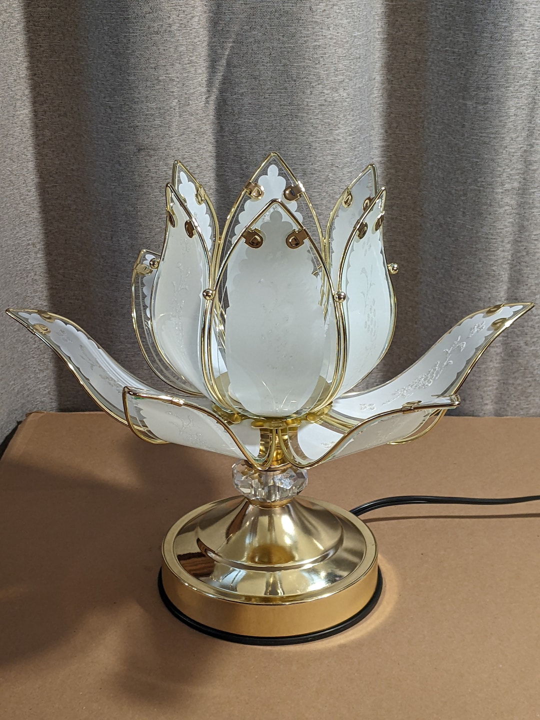 White Etched Glass Lotus Flower Touch on 3 Brightness Table Lamp ...