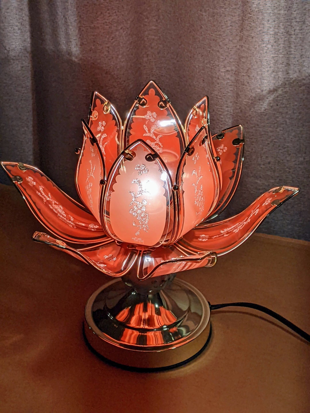 Pink Etched Glass Lotus Flower Touch on 3 Brightness Table Lamp Vintage ...