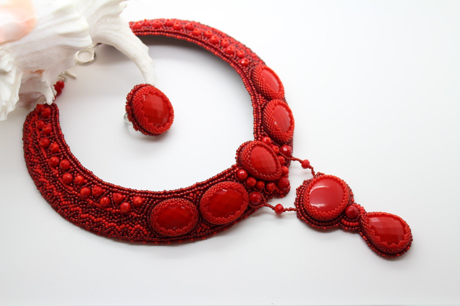 Beaded Embroidery Transformer Necklace and Ring Set - "luxury Coral ...