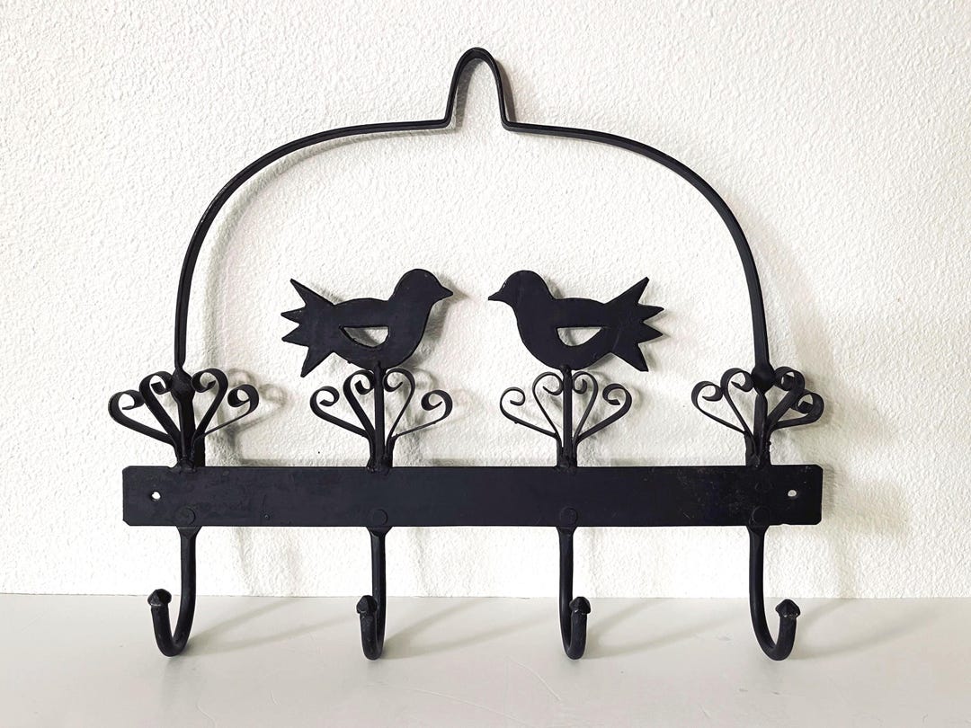 Vintage Wrought Iron Wall Coat Rack With Birds Scrolls Cups Hats ...