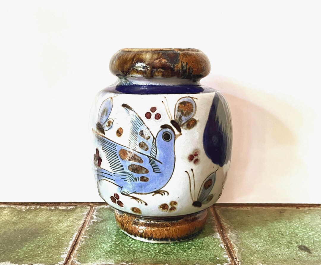 Vintage 8 Inch Ceramic Vase by Ken Edwards Mexican Folk Art Hand Painted Bird Flowers - Etsy