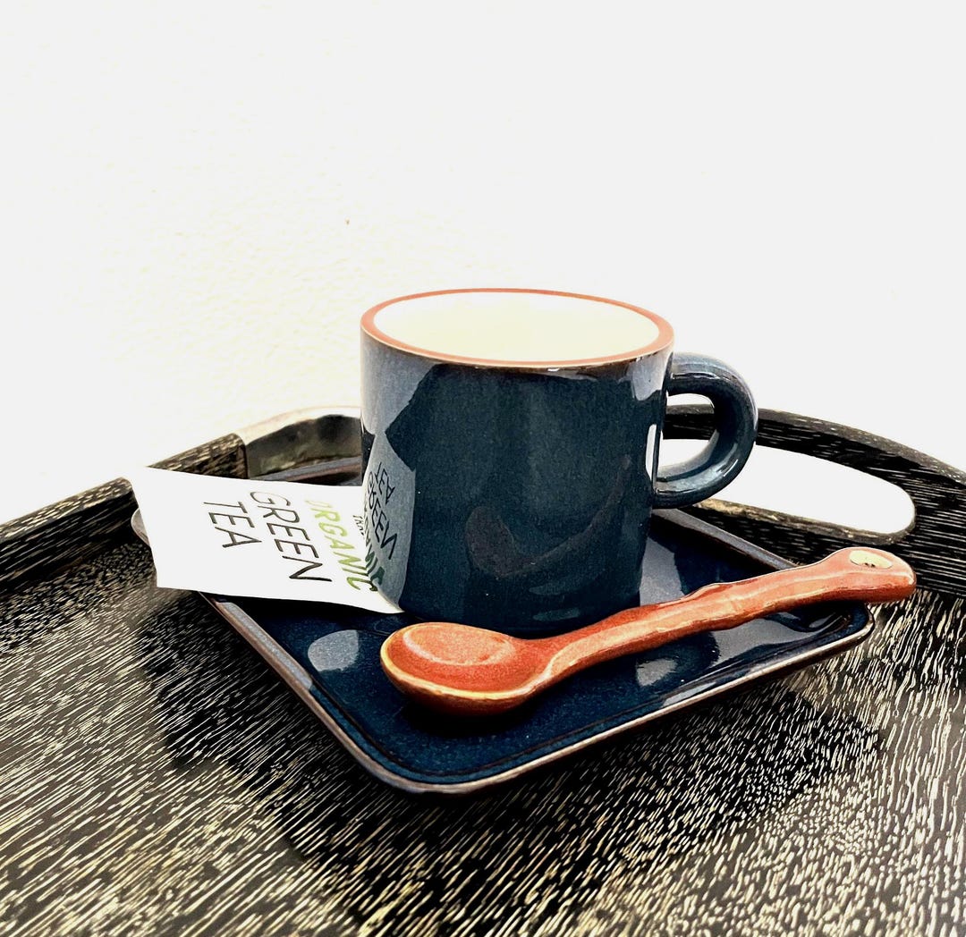 Mid Mod 18 Piece Set Indigo Ceramic Demitasse Cups + Saucers + Spoons ...