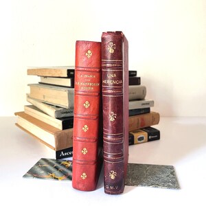 Vintage Leather Faux Book Mismatched Bookends Spanish French Marbled ...