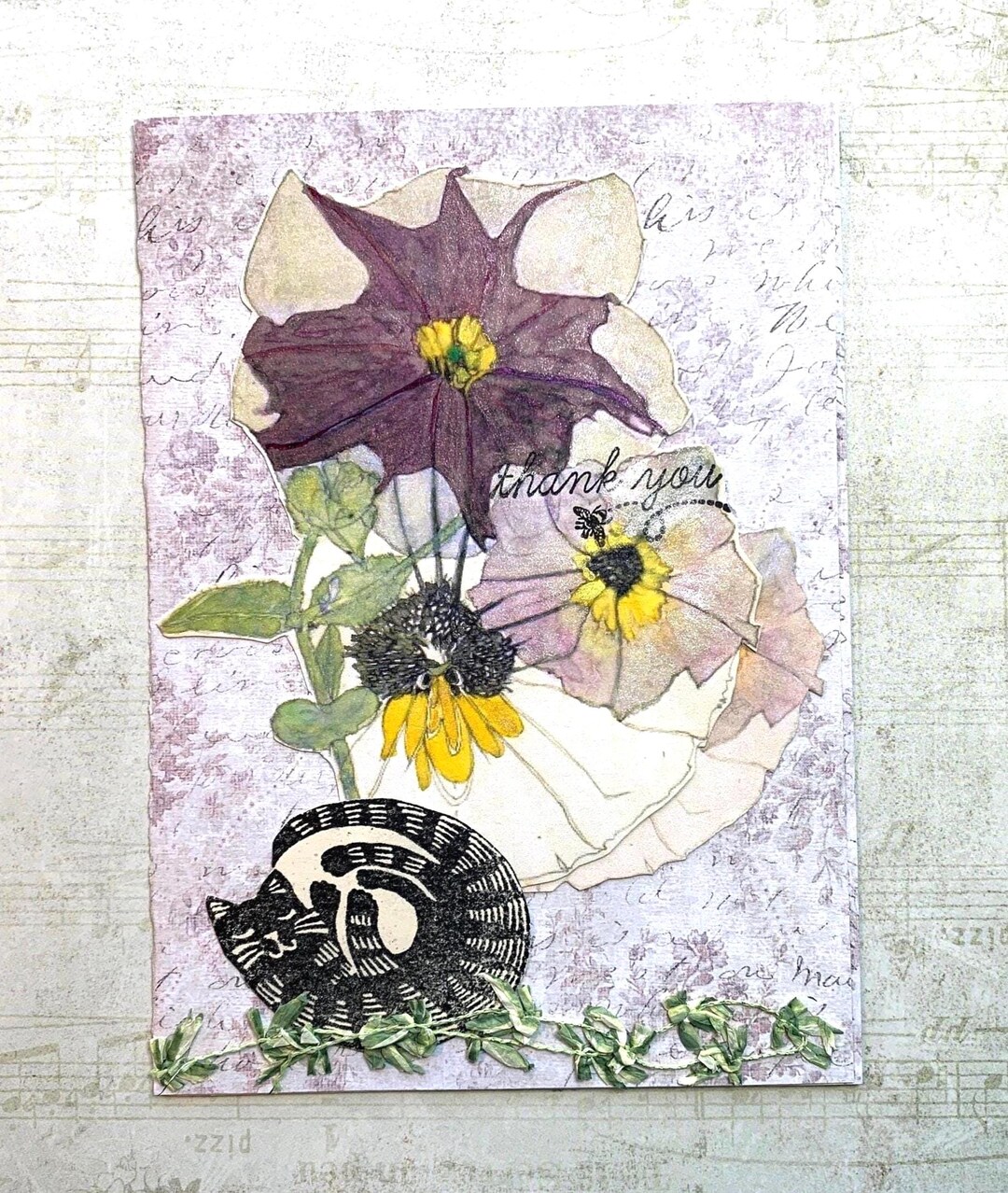 Floral Thank You Card: Sleeping Cat and Dog Design, Handmade 5x7 Note ...