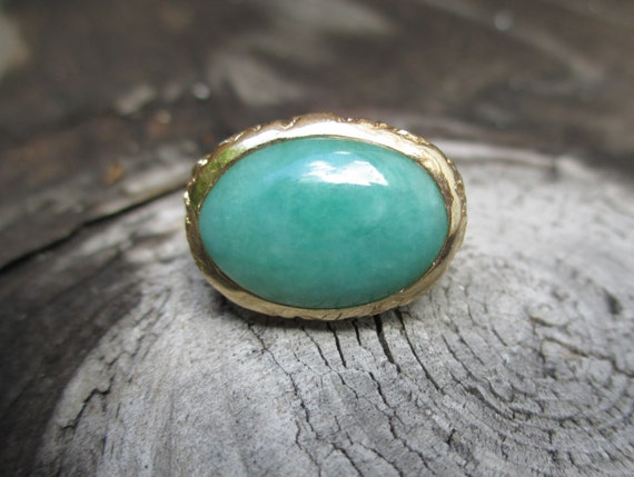 Solid 14K Yellow Gold Jade Blue Green Nugget Oval Lar… - Gem