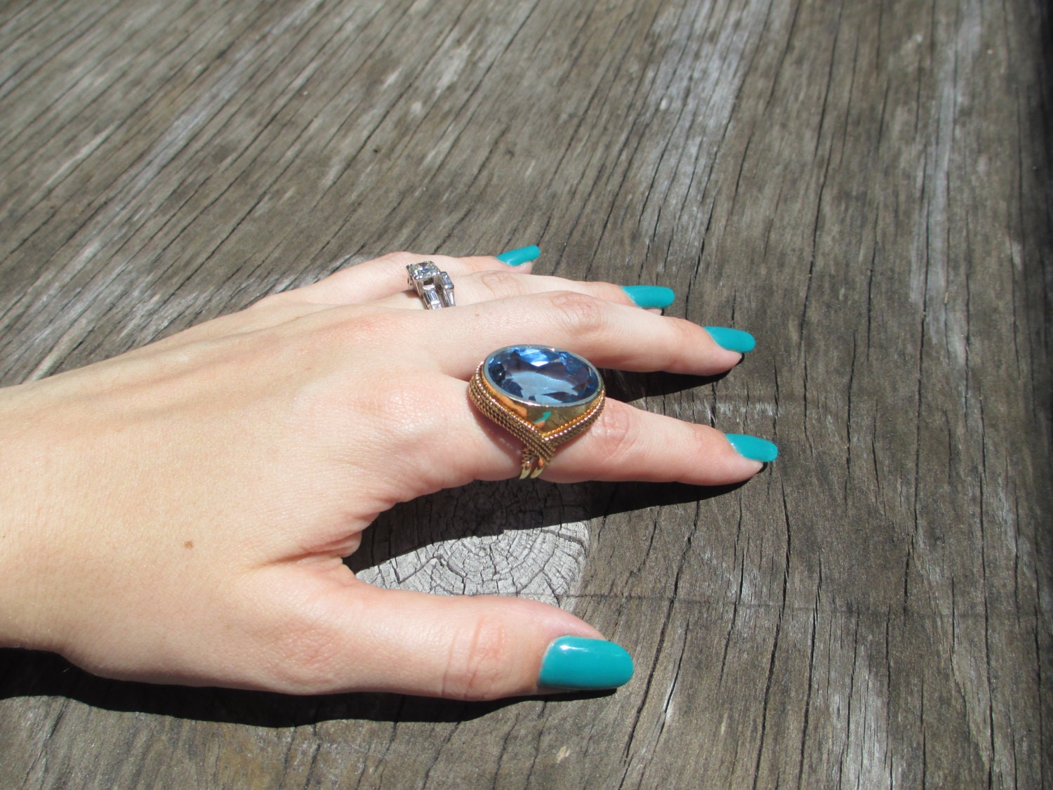 Solid 14K Yellow Gold Blue Gemstone Ring Large Light Blue | Etsy