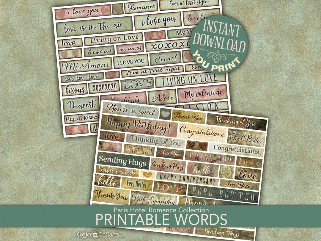 Junk Journal Words and Sentiments – Romantic Paris Typography Labels ...