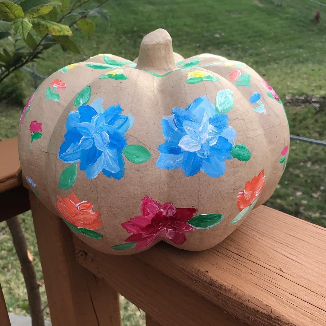 Paper Mache Colorful Floral Hand-painted Pumpkin Table Accent, Fall ...