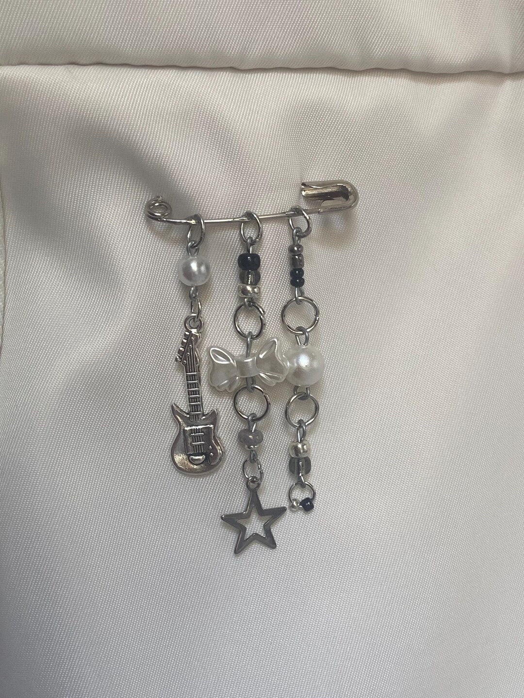 Safety Pin Bag Charm - Black and Pearl With Silver Charms - Rockstar ...