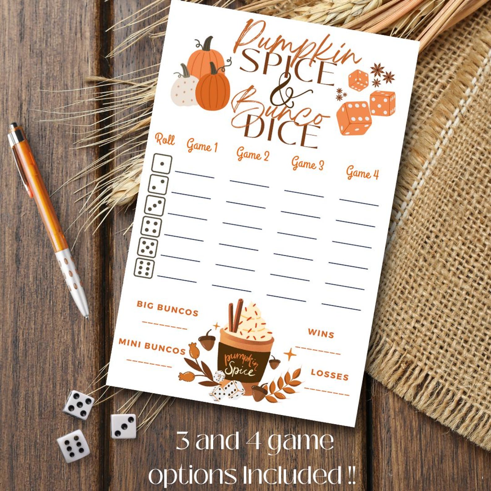 Pumpkin Spice and Bunco Dice Scorecards Set, Printable Instant Download ...