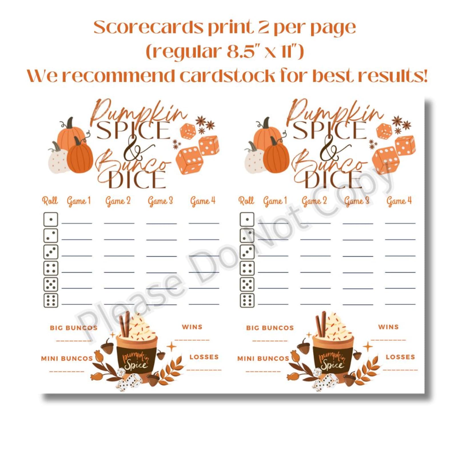 Pumpkin Spice and Bunco Dice Scorecards Set, Printable Instant Download ...