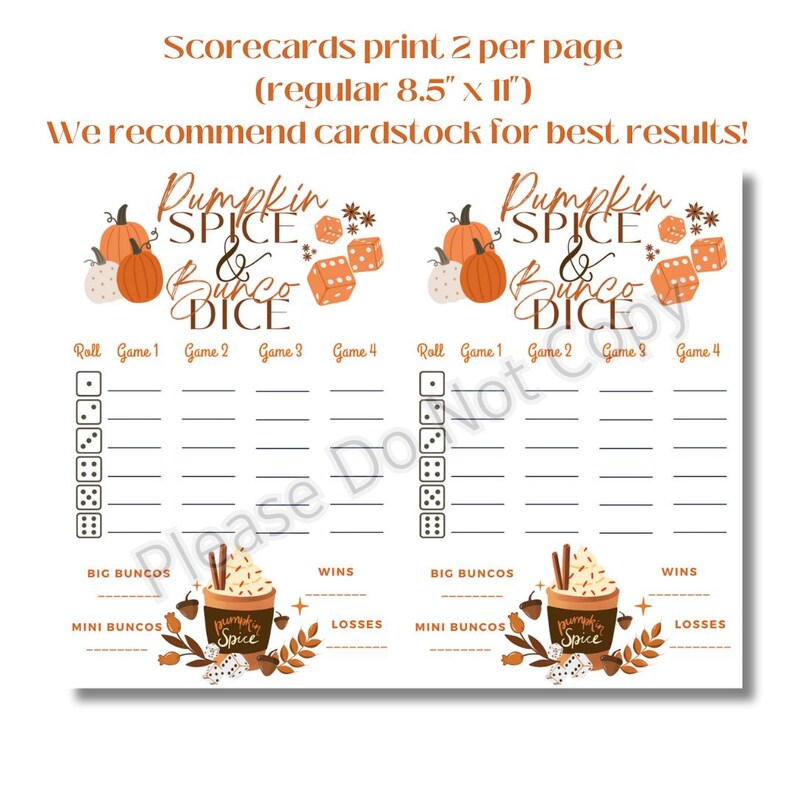Pumpkin Spice and Bunco Dice Scorecards Set, Printable Instant Download ...