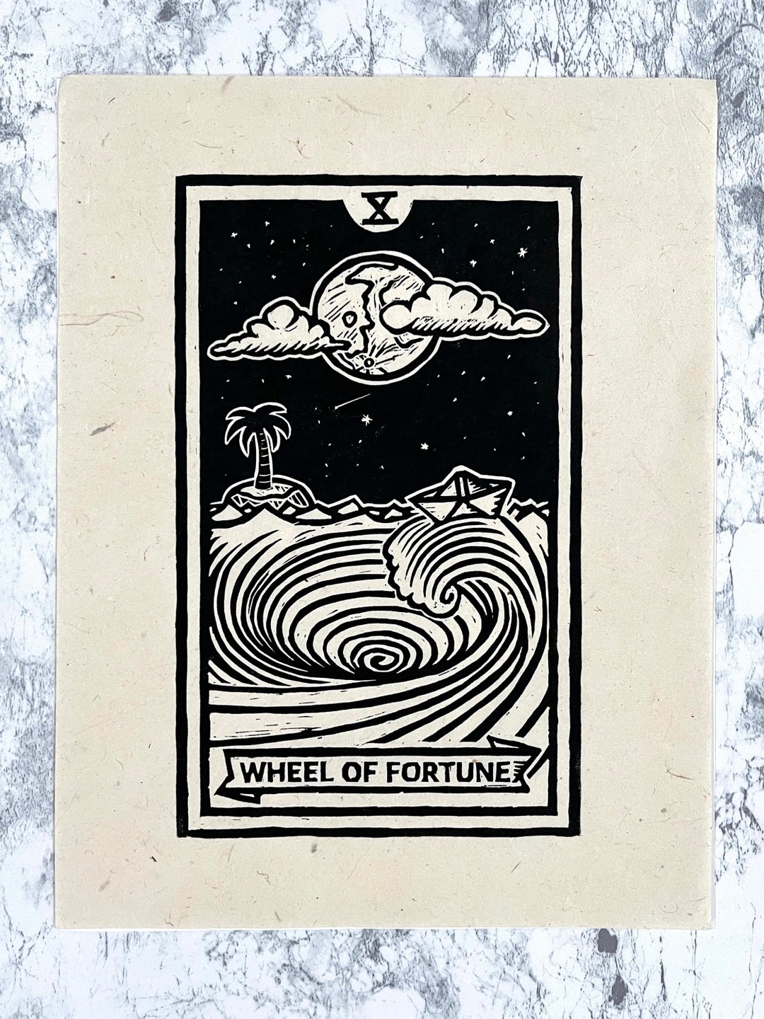 Wheel of Fortune Tarot Card Relief Print | Linoprint of Origami Boat in ...