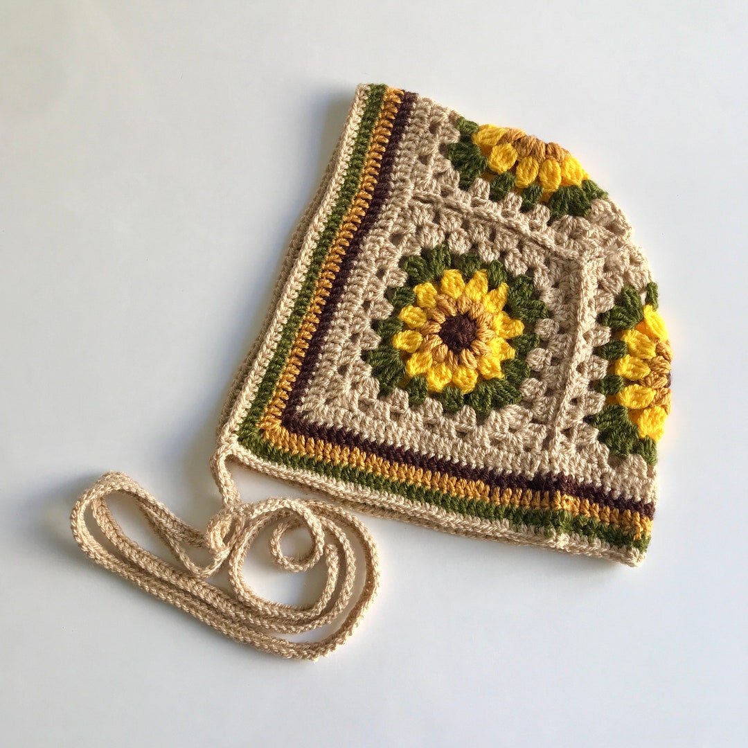 Sunflower Granny Square Bonnet Crochet Bonnet Women Granny Square Head ...