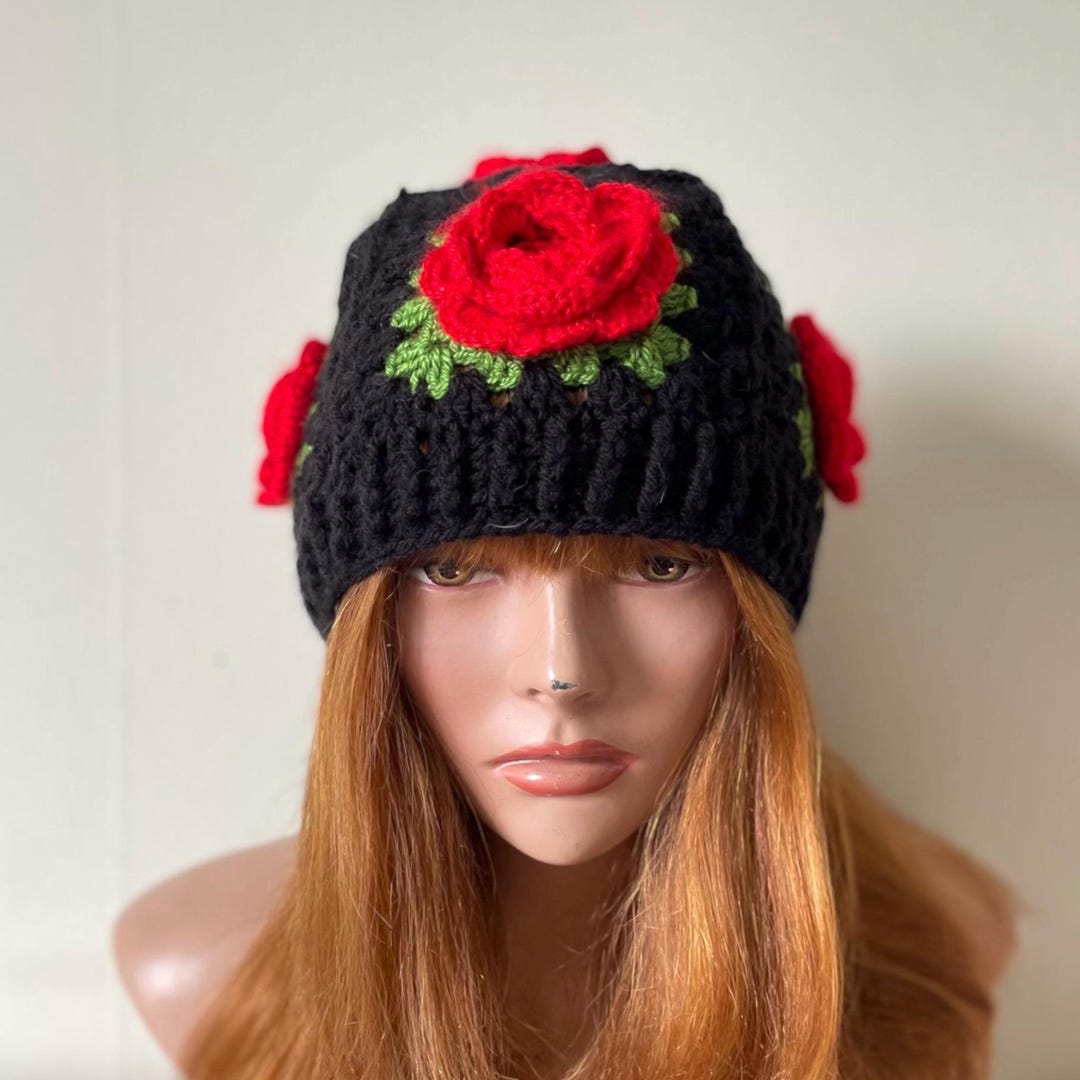 Rose Hat, Crochet Flower Hat, Rose Beanie, Granny Square Rose Pattern ...