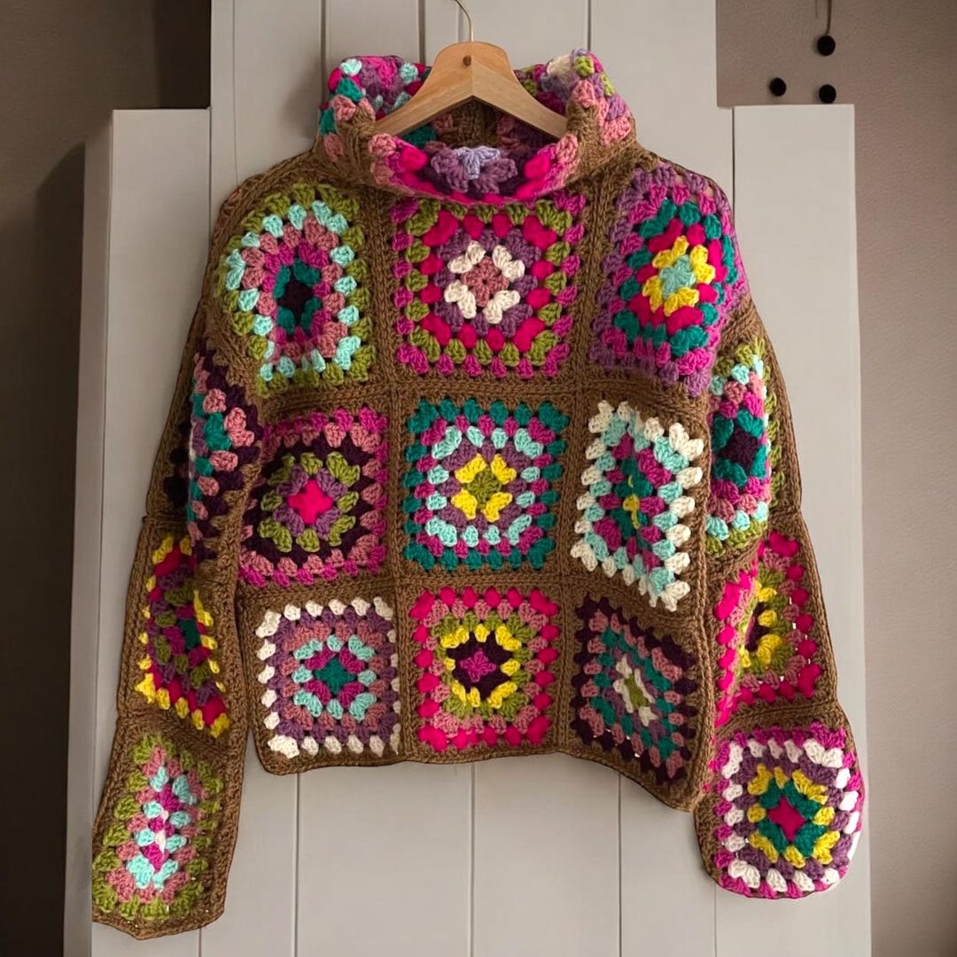 Granny Square Jumper, Crochet Oversized Knit Turtleneck Sweater, Unisex ...