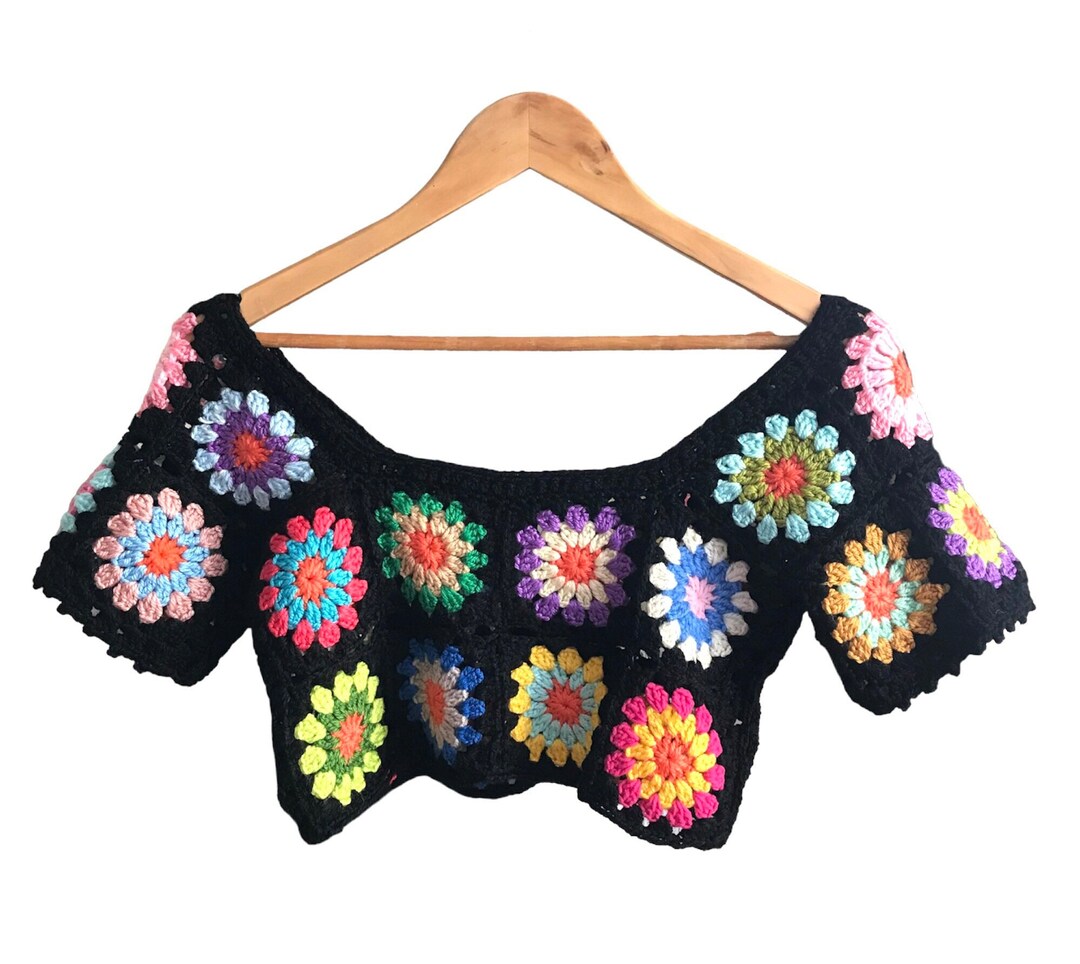 Granny Square Crop Top, Crochet Mini Crop Top, Sunburst Granny Square ...