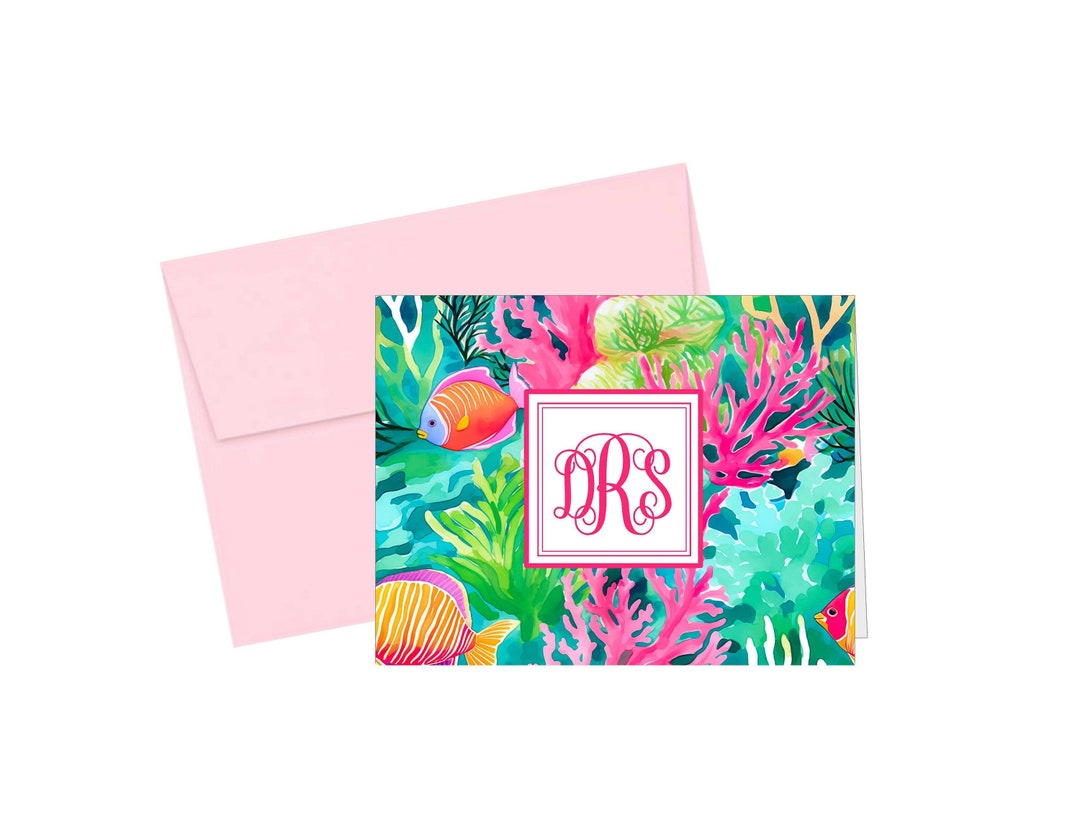 Preppy Coral Notecards, Monogrammed Beach Stationery, Floral Note Cards ...