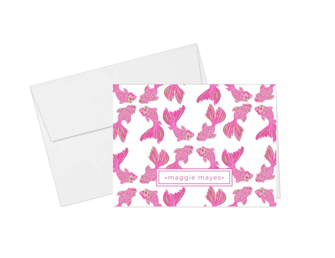 Personalized Pink Fish Stationery, Koi Fish Note Cards, Personalized ...