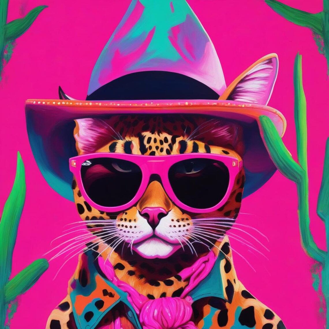 Neon Leopard Big Cat With Cowboy Hat and Sunglasses - Etsy
