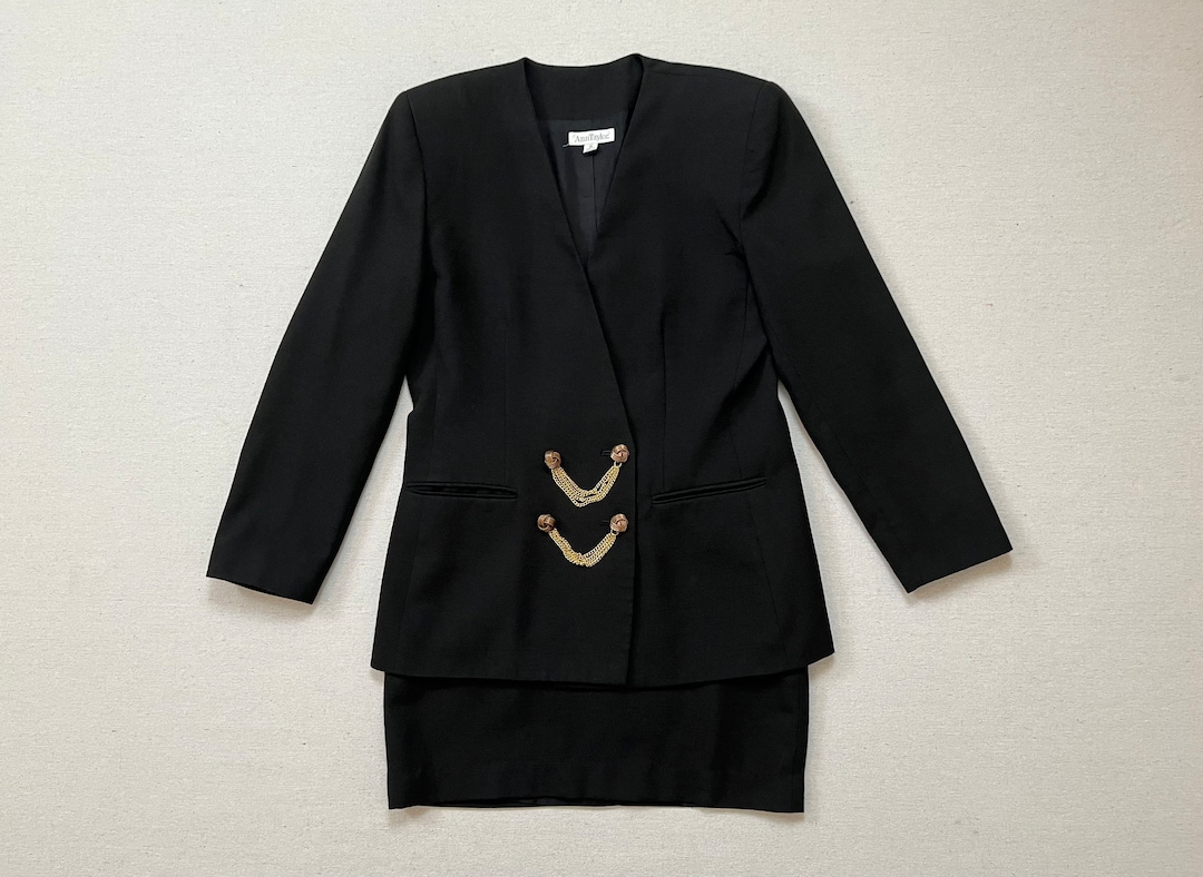 1990's, Blazer and Mini Skirt in Black With Gold Button Chains by Ann ...