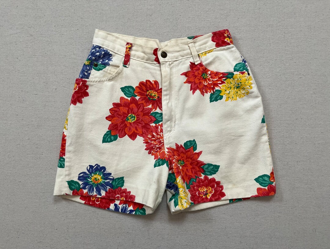1980's, High Waist, Denim Shorts in Off-white With Red, Orange, Yellow ...