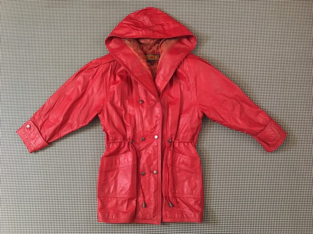 1990's, Hooded, Drawstring Waist, Leather Parka, in Red, Women's Size ...