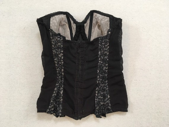 1960's, black satin and lace, underwire corset, by Br… - Gem