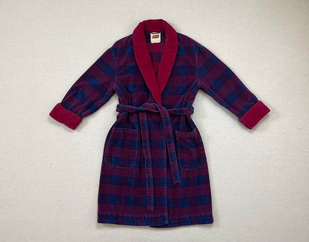 1990's, Cotton, Shawl Collar, Bathrobe in Navy and Burgundy Plaid - Etsy