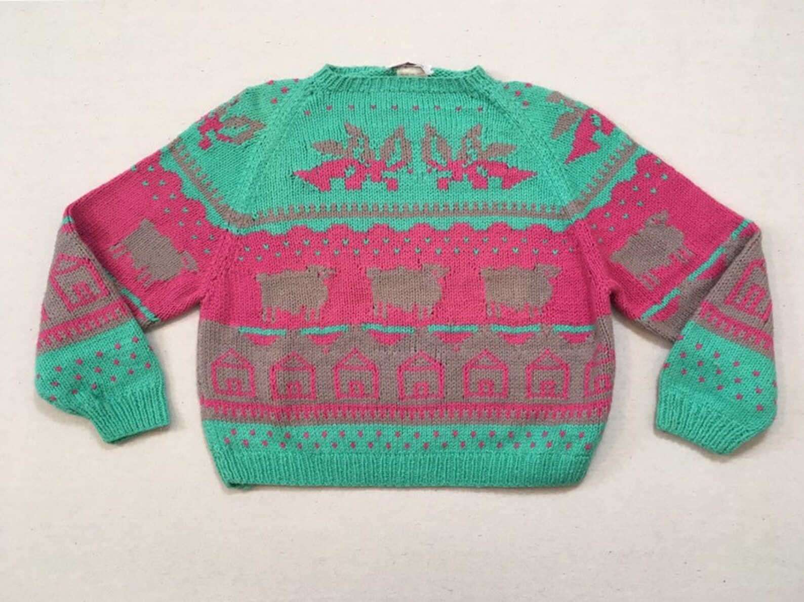 1980's Cotton Sheep Sweater in Aqua Mint and Hot Pink - Etsy