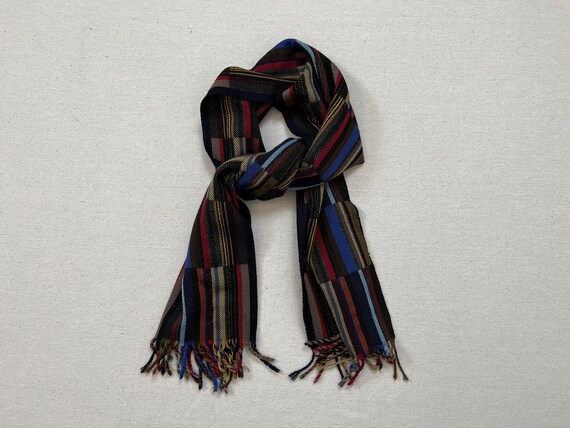 2000's, German lambswool scarf in black, greens, blue… - Gem