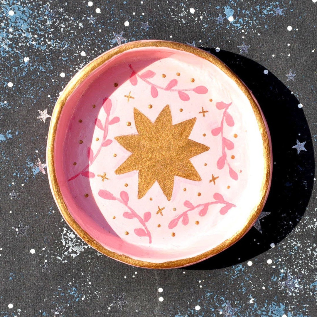 Pink Sun Clay Ring Dish Pink and Gold Dish Handmade Clay Dish Hand ...
