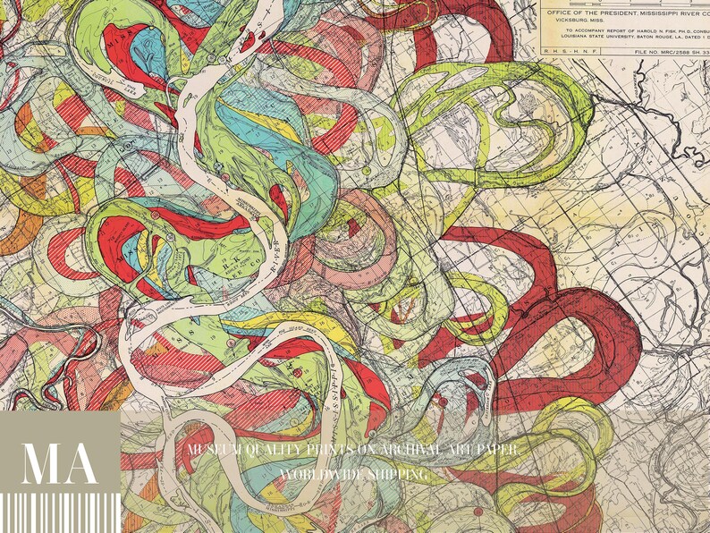 Harold Fisk Map Print, Mississippi River Meander Map Print: Memphis to ...