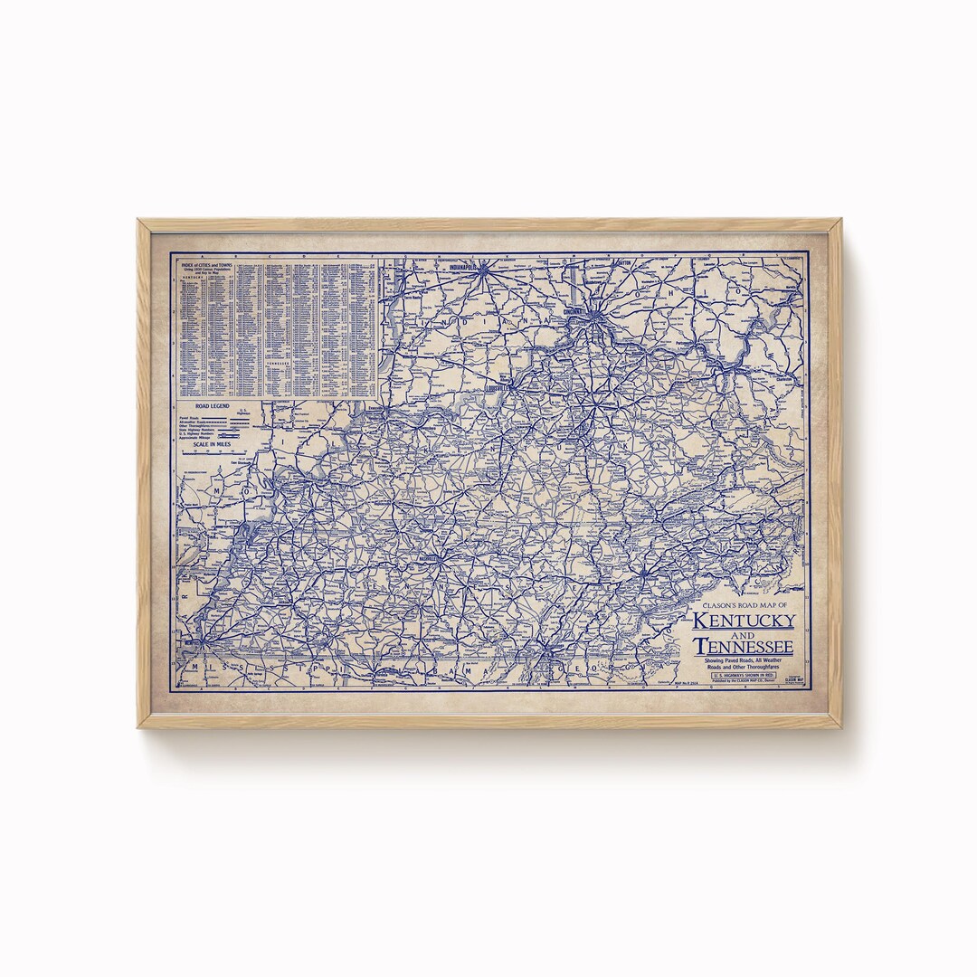 Kentucky and Tennessee Map, Vintage Kentucky and Tennessee Map ...