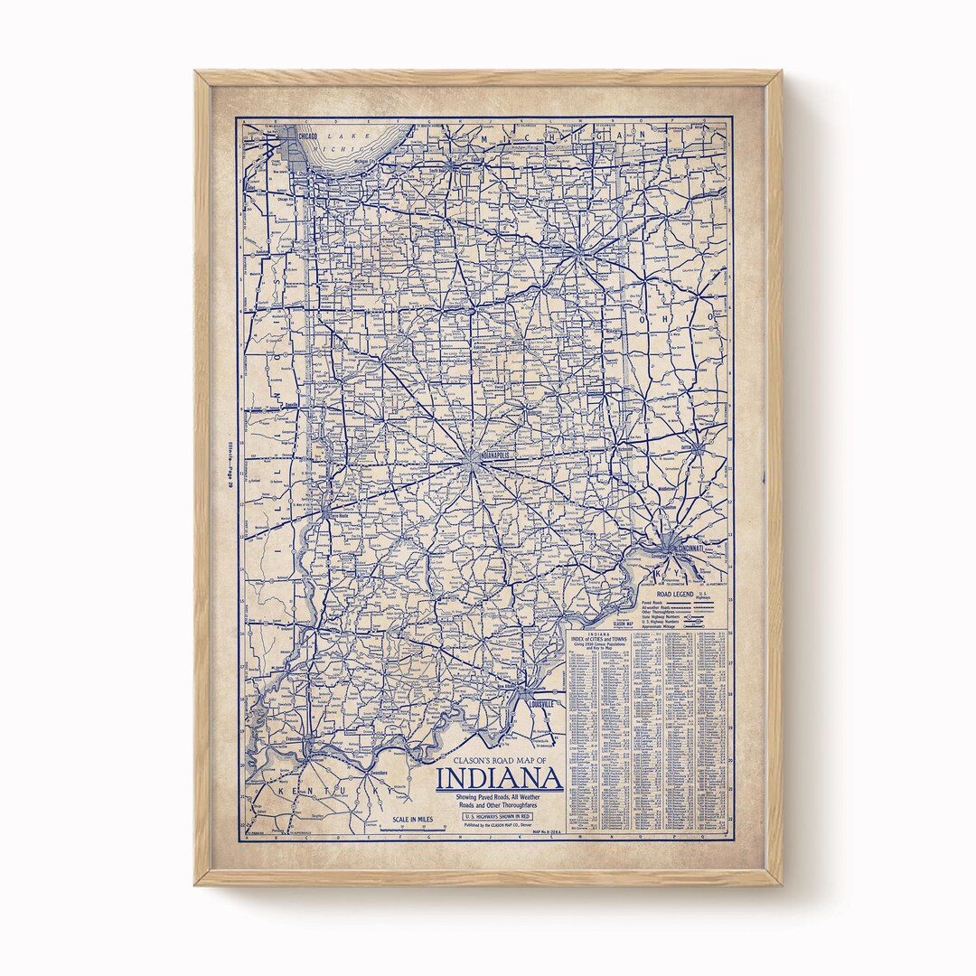 Indiana Map, Vintage Indiana Map, Old Blueprint Map, Map Poster ...