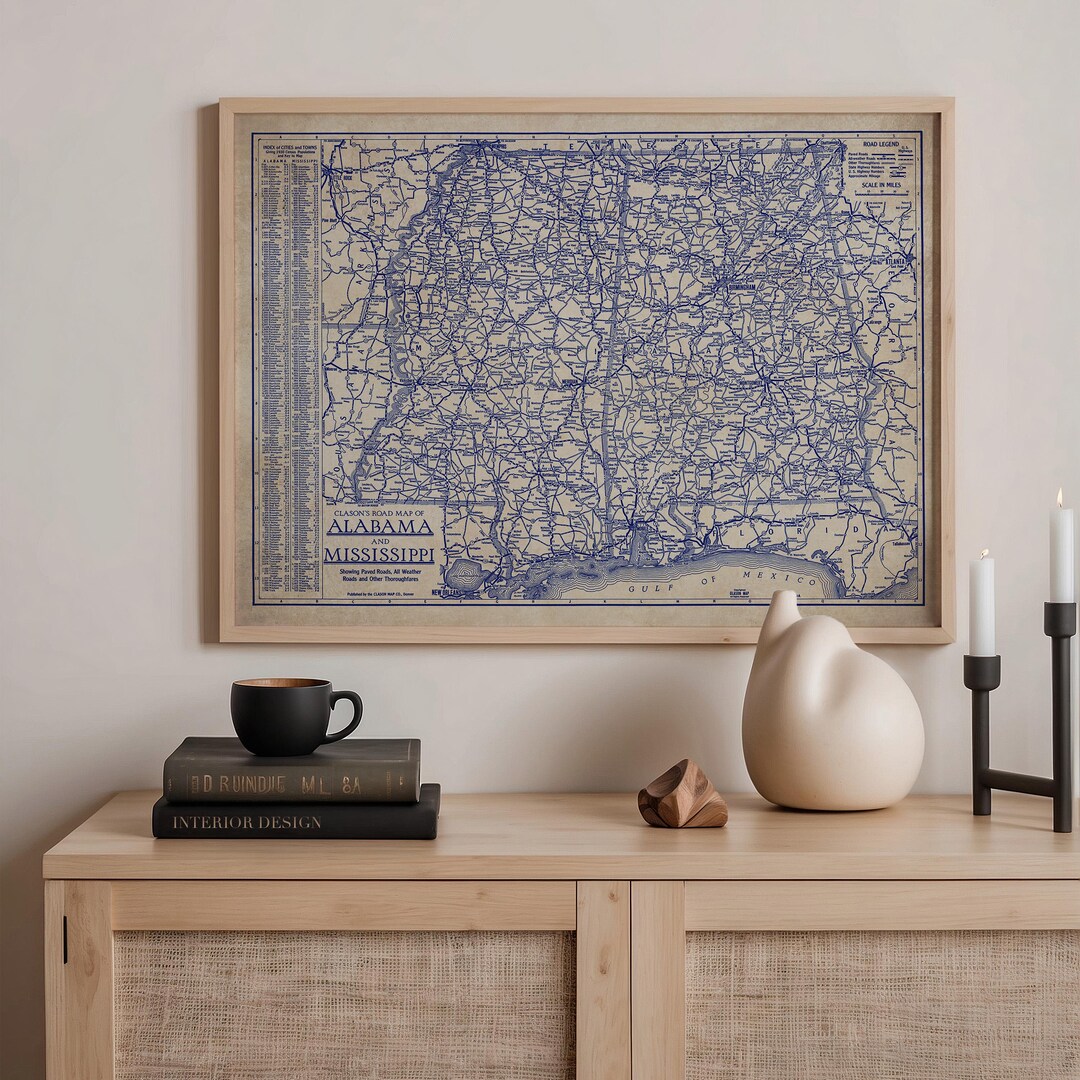 Vintage Alabama Mississippi Blueprint Map Art Print - Etsy