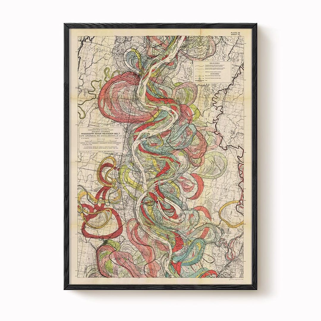 Harold Fisk Mississippi River Map Print (vicksburg to Natchez, Vintage ...