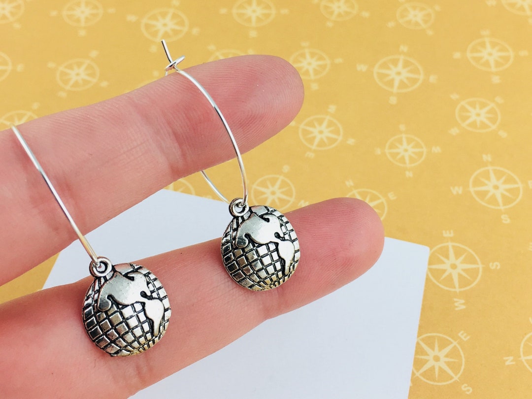Planet Earth Hoops, Globe Hoop Earrings, Small Dainty Hoops, Geography ...