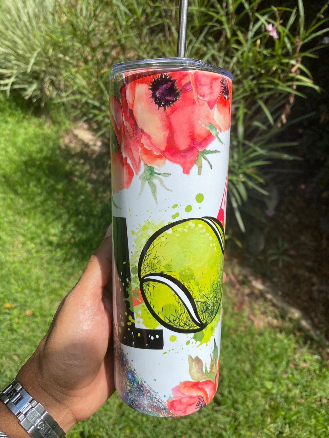 Tennis Love Racquet Pink Floral 20 Oz Full Wrapped Tumbler With Metal ...