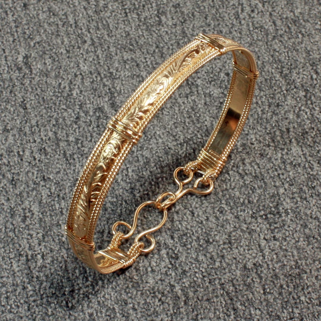 Scroll Pattern Gold Bangle Bracelet, 14k Gold Bracelet Women, Handmade ...
