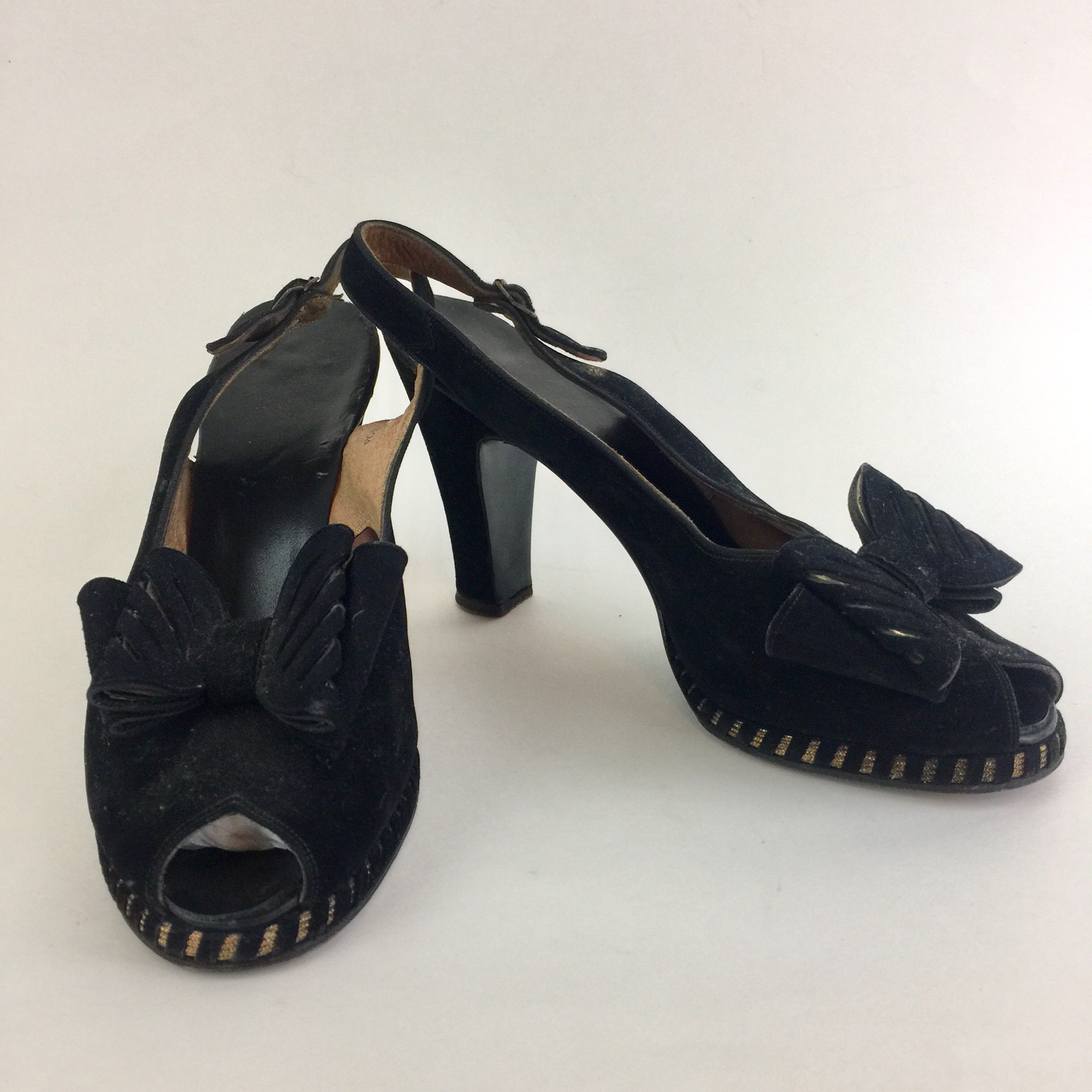 Vintage 40s Black Gold Suede Leather Heels Sandals Shoes Peep | Etsy