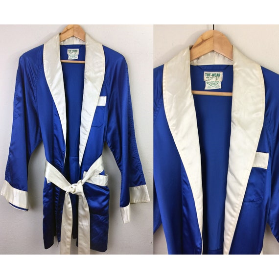 Vintage 1960s Blue and White Satin Robe Boxing Smokin… - Gem