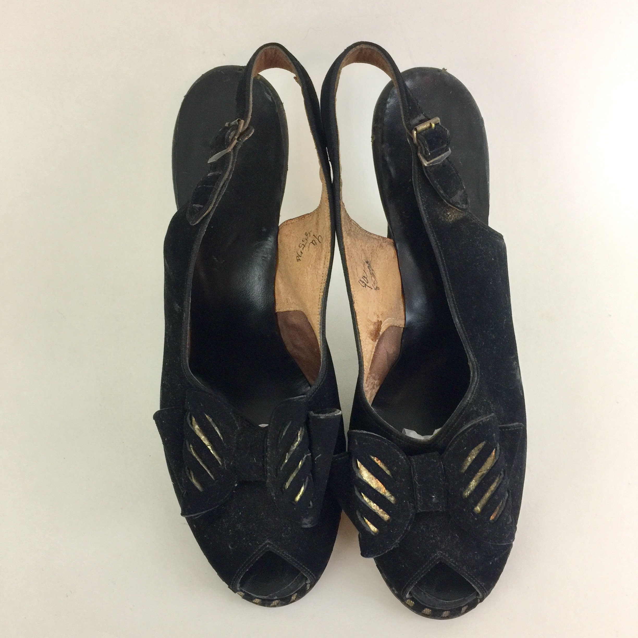 Vintage 40s Black Gold Suede Leather Heels Sandals Shoes Peep | Etsy