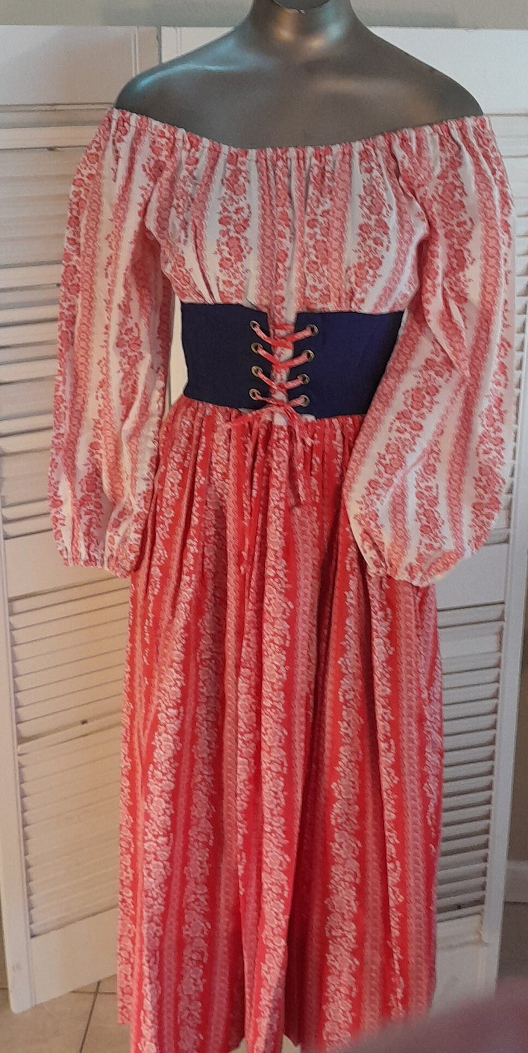 Vintage 60s/70s Cotton Corset Peasant Lace-uo Front Maxi Dress / Made ...