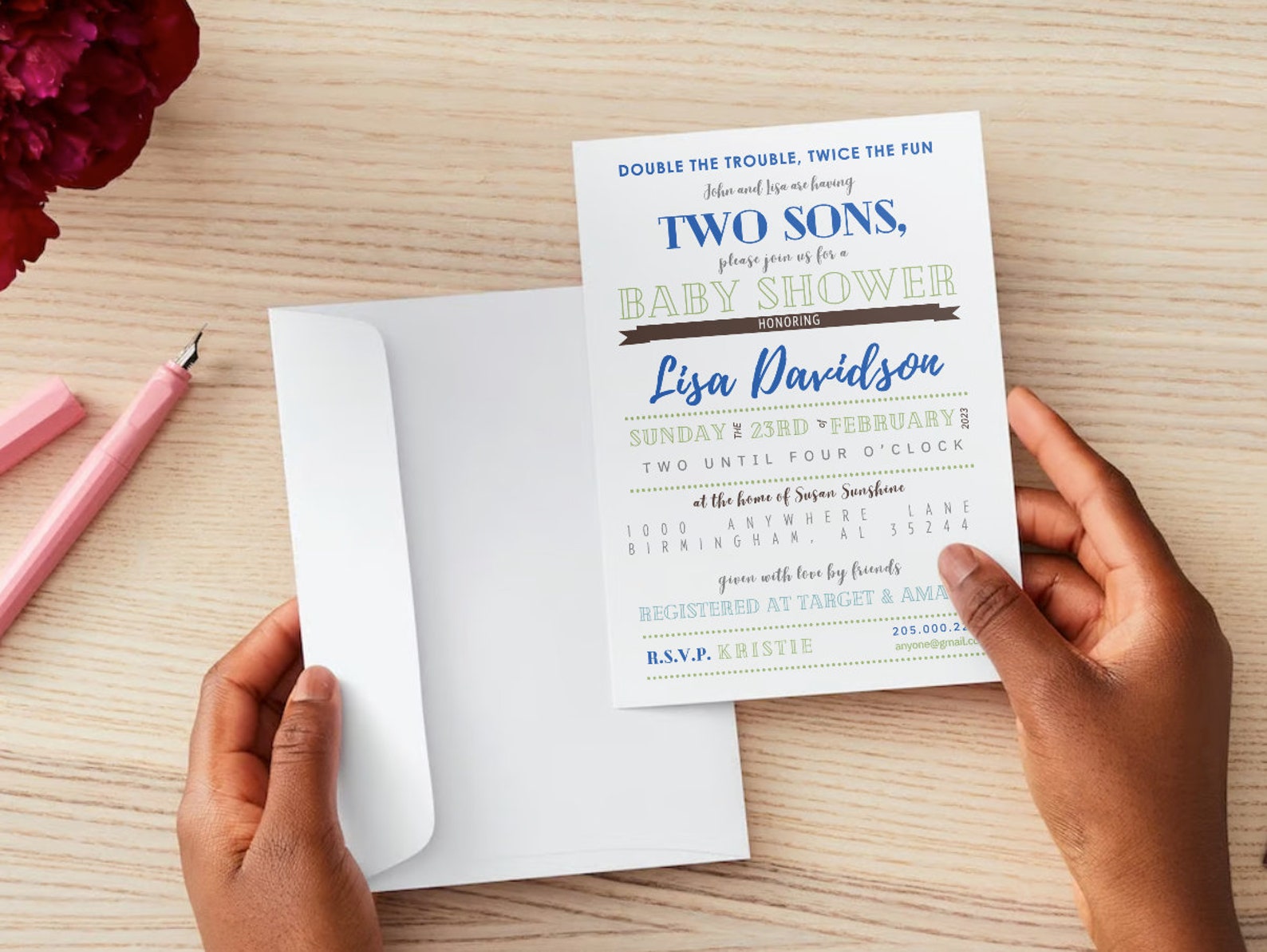 Double the Trouble, Twice the Fun- Twin Boy Baby Shower Invitation ...