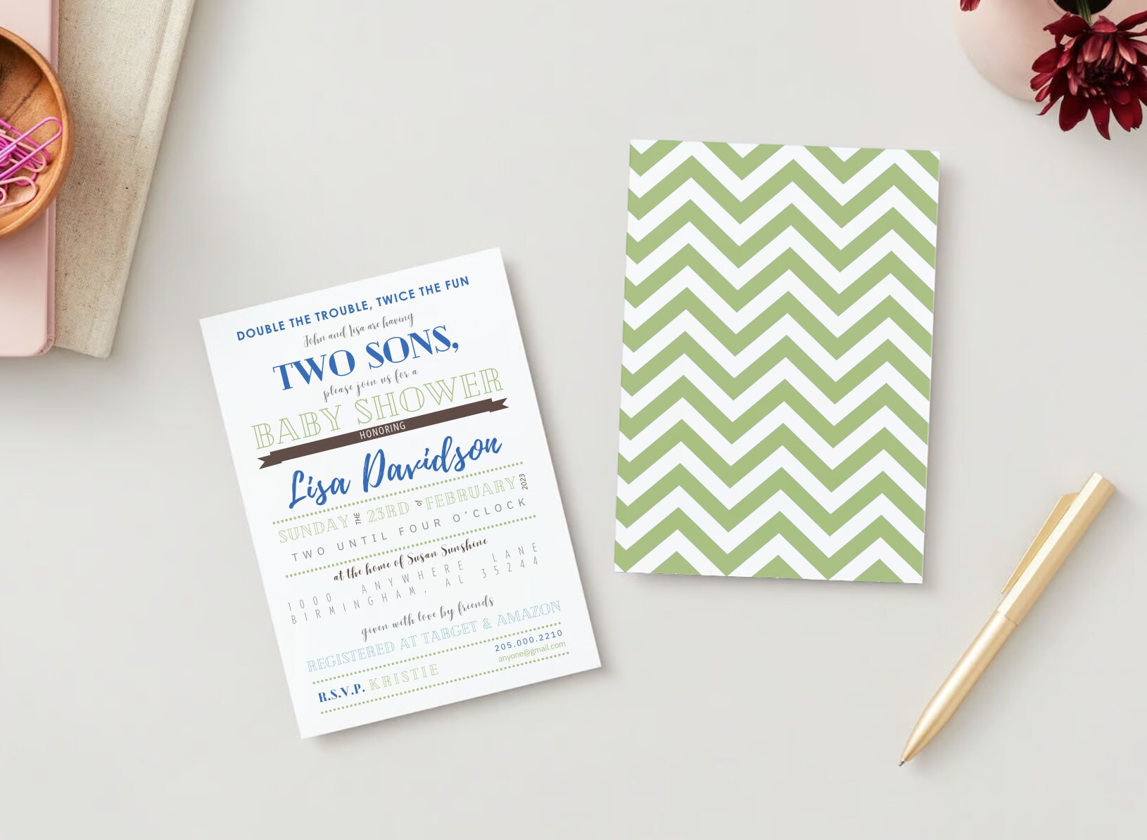 Double the Trouble, Twice the Fun- Twin Boy Baby Shower Invitation ...