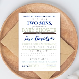 Double the Trouble, Twice the Fun- Twin Boy Baby Shower Invitation ...