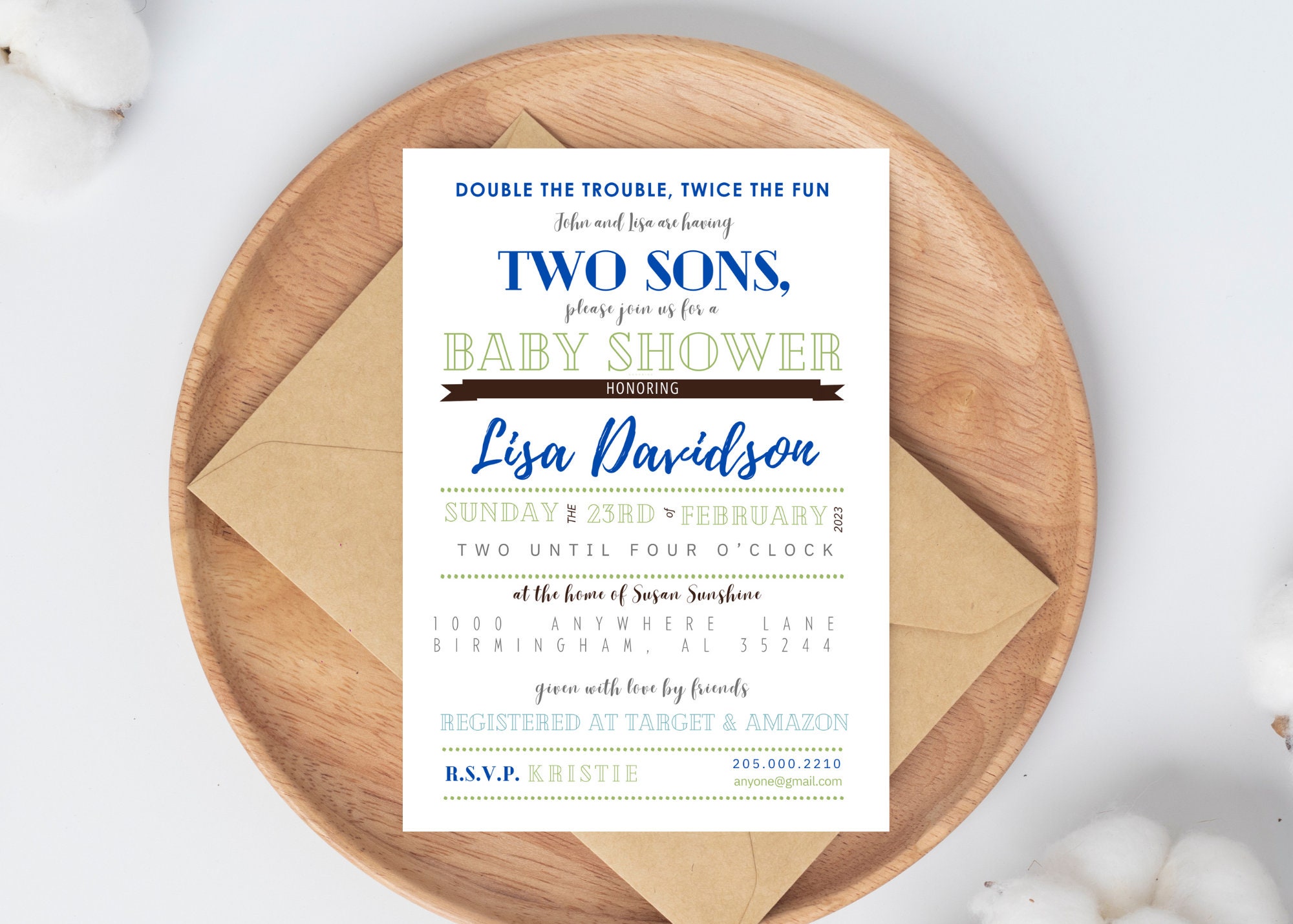 Double the Trouble, Twice the Fun- Twin Boy Baby Shower Invitation ...